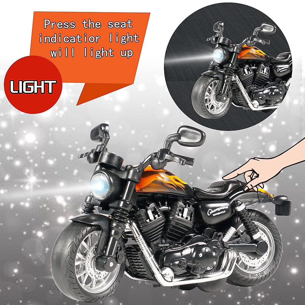 CYYSFIVQZ Die Cast Toy Motorcycle,Pull Back Motorcycle with Sounds and Lights 1:14 Friction Powered Kids Toy Cars,Motorcycle Toys Gift for Boys or Girls Over 3 Years Old Birthday Christmas (Black)