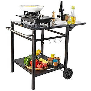 VEVOR Outdoor Grill Dining Cart with Double-Shelf, BBQ Movable Food Prep Table, Multifunctional Foldable Iron Table Top, Portable Modular Carts for Pizza Oven, Worktable with 2 Wheels, Carry Handle