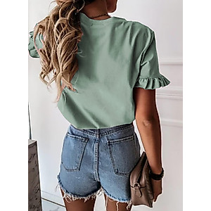 PRETTYGARDEN Women's Short Sleeve Casual T Shirts Summer Ruffle Plain Round Neck Loose Fit Tee Blouse Tops (Green,X-Large)
