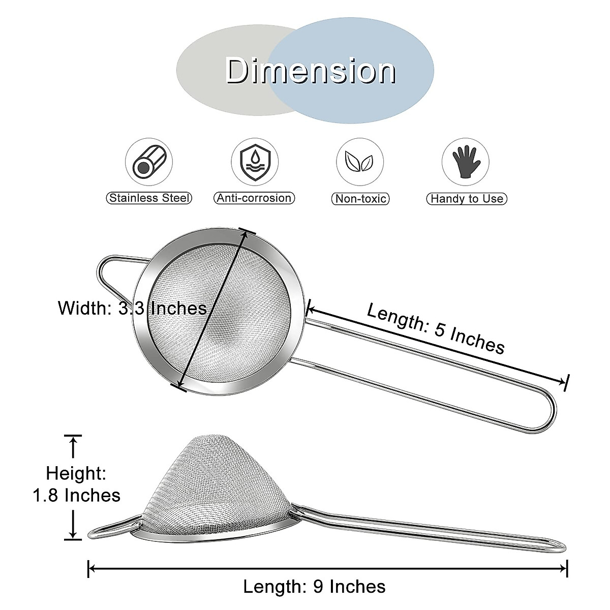 E-far Fine Mesh Strainer Set of 2, 3.3 Inches Stainless Steel Tea Strainer with Long Handle, Small Conical Mesh Strainers Sieve for Cocktail Coffee Food, Rust Proof & Easy to Clean (Silver)