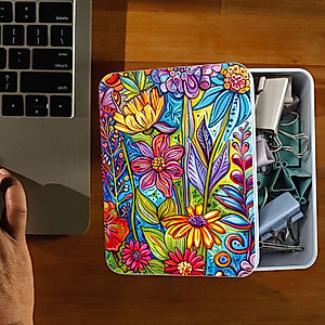 ETLKJVBL Metal Tin Box Sturdy Metal Storage Box with Lid, Large Container Holder for TCG Cards,Car Keys,Cookies,Tin Containers for Gift,5.0x3.7x1.6 Inch,Exquisite Pattern Design(Colorful Flowers)