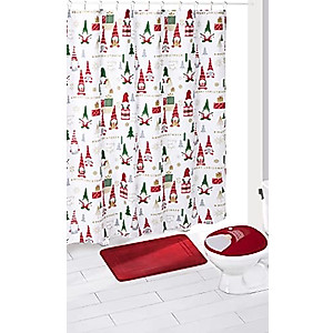 Indecor Home 15-Piece Christmas Holiday Bathroom Decoration Accessory Set | Bath Rug/Mat | Toilet Lid Topper | Shower Curtain | 12 Hooks | 5 Styles to Choose from (Gnome)