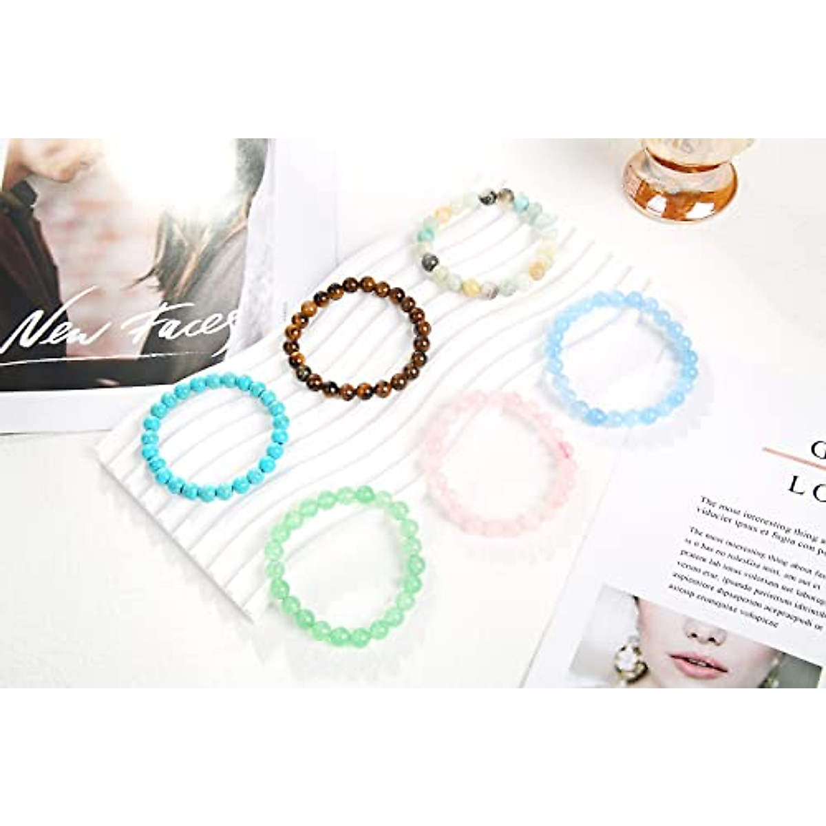 Leocuci 12PCS 8mm Semi-precious Beaded Bracelets for Men Women Healing Stretch Round Bead Crystal Gemstones Bracelets