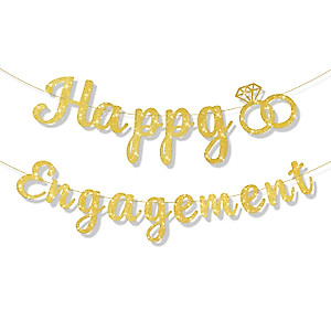 Happy Engagement Banner, Glitter Gold Congratulations Wedding Decorations Marriage Proposal Just Engaged Banner for Bride-To-Be Groom-To-Be Lovers Anniversary Party Supplies (Unassembled)