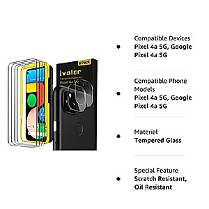ivoler [6 Pack] [4 Pack] Tempered Glass Screen Protector for Google Pixel 4a 5G with [2Pack] Camera Lens Protector with [Alignment Frame Easy Installation],HD Clear Anti-Scratch Film,6.2 inch