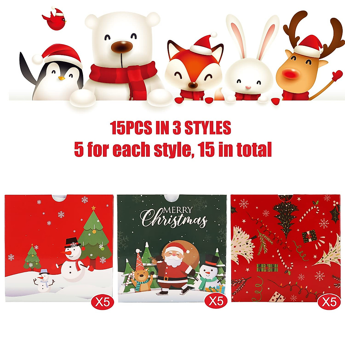 15 Pack Christmas Gift Boxes, Gift Boxes with Lids,Christmas Party Boxes with 3 Different Designs and Color,Christmas Boxes for Pastries, Candy, Holiday Bakery Treat and Party Favor 5 x 5 x 5 Inches