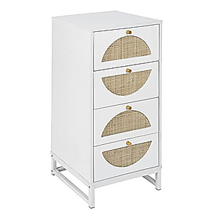 Natural Rattan Drawer Chest Storage Cabinet Suitable for Living Room and Bedroom, Bedroom Dresser with 4 Drawers for Small Space, Storage Tower Organizer Unit for Hallway/ Entryway/ Closets (White)