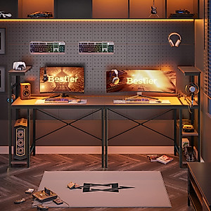 Bestier Gaming Desk with LED Lights, 44 Inch PC Gamer Desk for Small Spaces, Computer Desk with Reversible Storage Shelves & Side Storage Bag (Black Grained)