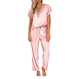 Ekouaer Womens Silk Pajamas Set Satin Pjs with Long Pants Short Sleeve Sleepwear Guipure V Neck Loungewear Pink