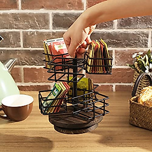 MyGift Black Metal Wire Tea Organizer Spinning Carousel Teabag Holder Basket with Dark Brown Wood Base, 6-Compartment Tea and Coffee Station Condiment Rack