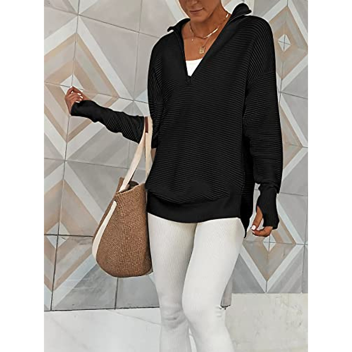 ANRABESS Sweater for Women Oversized Quarter Zip Long Sleeve V Neck Collared Casual Curved Hem Slouchy Ribbed Knit Thumb Hole Pullover Shirt 2023 Fall Winter Trendy Clothes Tops 624heise-M Black