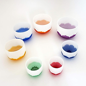 440HZ Set of 7 Lotus Design Frosted Quartz Crystal Singing Bowls 6"-12" with free mallets & O-rings