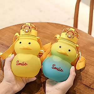 ZTGD Cute Water Bottle 650ml for Student,Lady,Kid,Kawaii Leakproof Duck Water Cup with Straw Lock Design Suspender One Key Open and Transparent Lid Blue