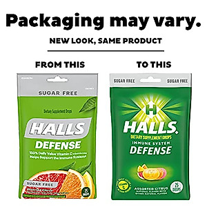 HALLS Defense Assorted Citrus Sugar Free Vitamin C Drops, Dietary Supplement Drops, 12 Bags of 25 Drops (300 Total Drops)