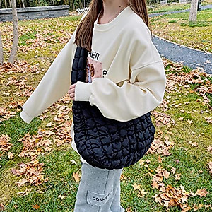 Rejolly Puffer Shoulder Bag for Women Quilted Puffy Lightweight Nylon Handbag Large Padded Soft Purse Black