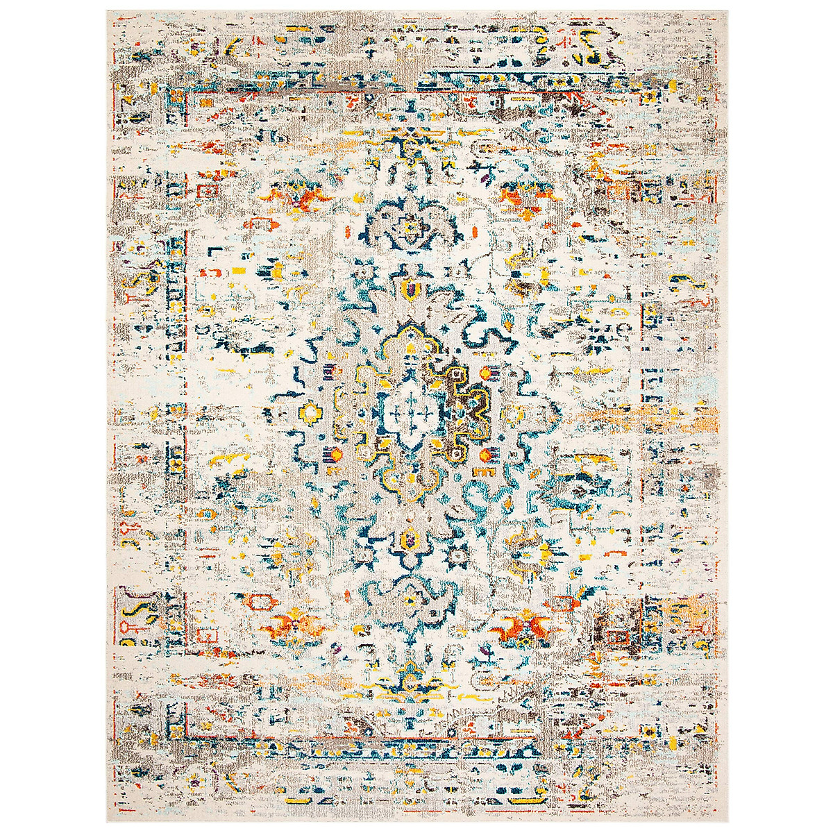 SAFAVIEH Madison Collection Area Rug - 8' x 10', Cream & Blue, Boho Distressed Medallion Design, Non-Shedding & Easy Care, Ideal for High Traffic Areas in Living Room, Bedroom (MAD474B)