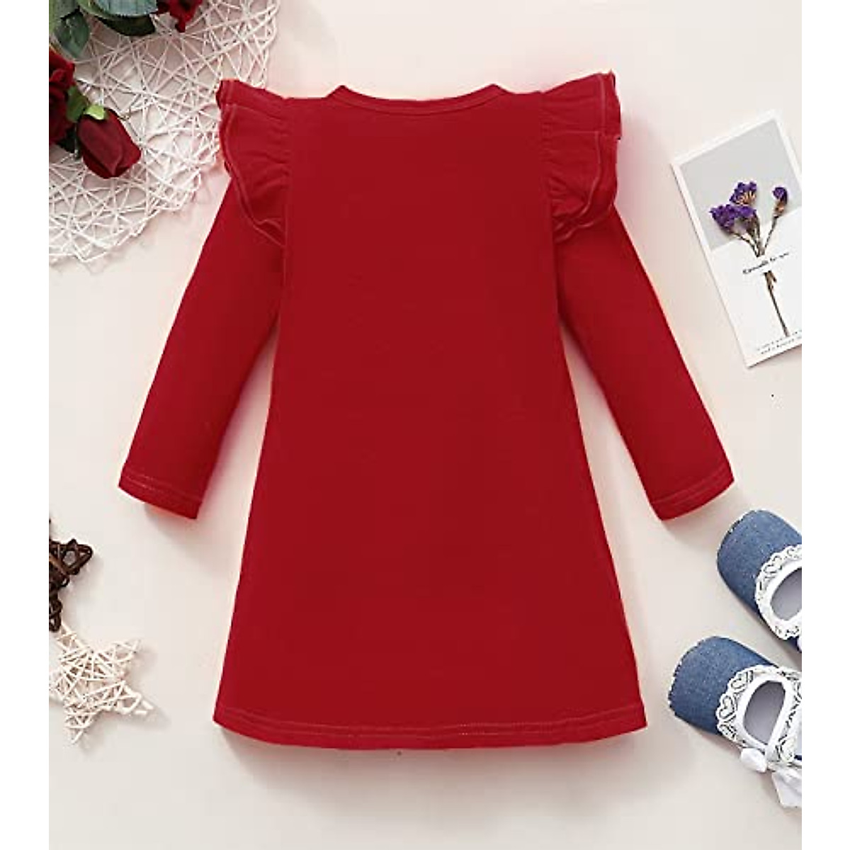 Toddler Baby Girl Solid Color Dress Kids Long Sleeve Ruffle Skirt Playwear (Red, 4-5T)