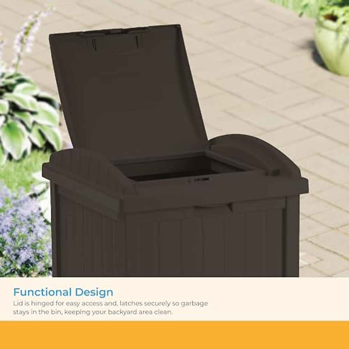 Suncast 33 Gallon Durable Plastic Hideaway Outdoor Garbage Can with Secure Lid and Wicker Design for Home Backyards, Decks, or Patios, Java Brown