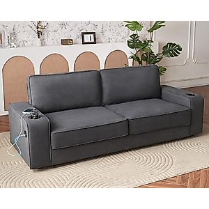 HOWE Sofa, 89 inch Modern Sofa Couch with USB Charging Ports & Cup Holders, Comfy Sofa- Deep Seat Couch for Living Room (Charcoal Grey Chenille)