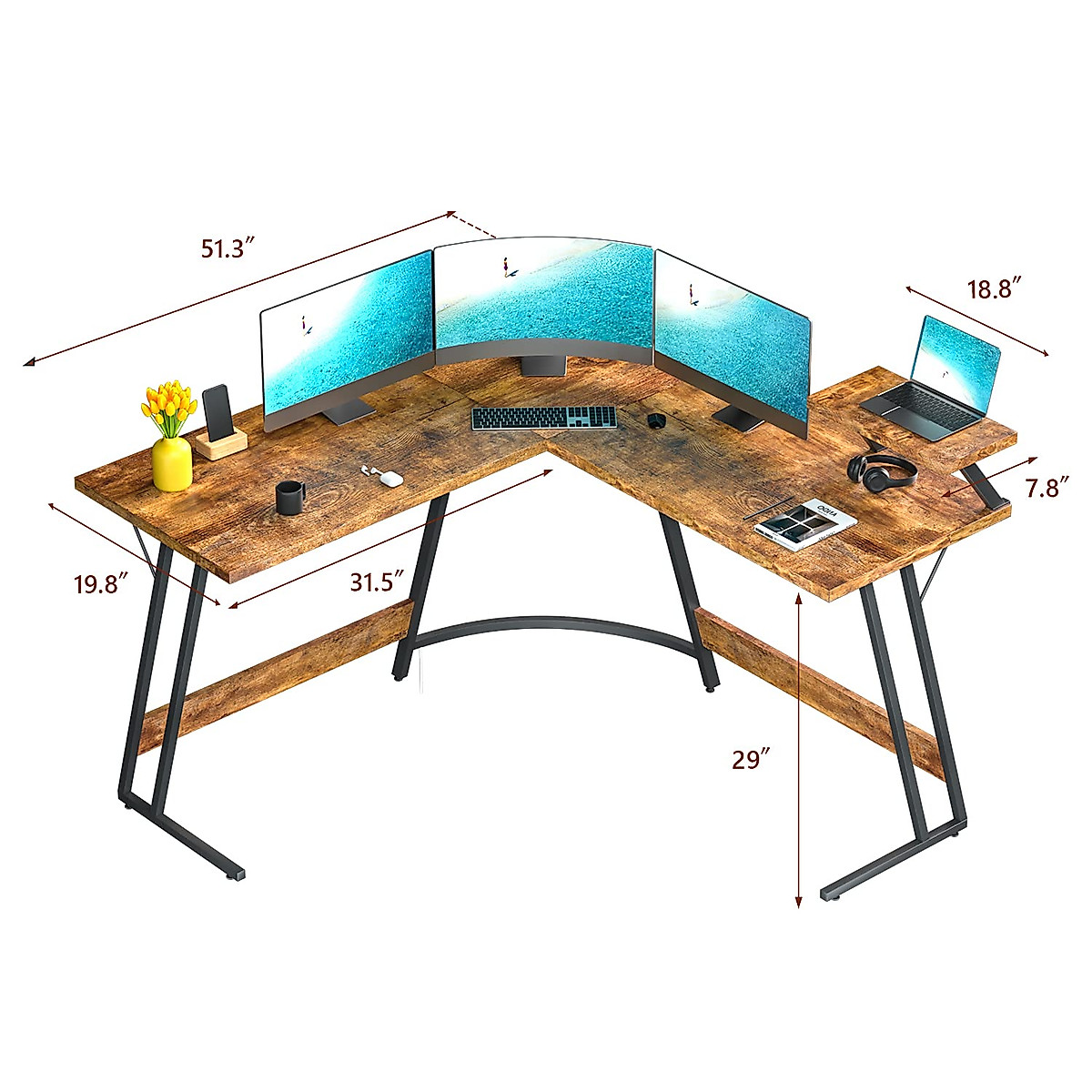 Devoko L Shaped Gaming Desk Computer Desk 51” Office Corner Desk with Monitor Stand Home Gaming Writing Study Table Workstation for Small Space (Rustic Brown)