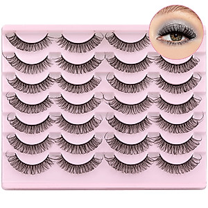 Newcally Russian Strip Lashes Mink Wispy Natural Look False Eyelashes Pack Manga Lashes D Curl Fluffy Volume Faux Mink Lashes Cat Eye Lashes Look Like Lashes Extension 14 Pairs