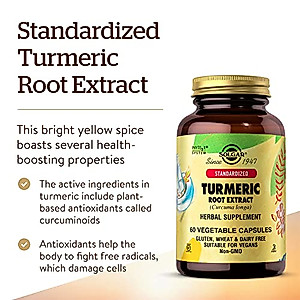 Solgar Standardized Turmeric Root Extract 400 mg, 60 Vegetable Capsules - Antioxidant Support for Brain, Joint, & Immune Health - Non-GMO, Vegan, Gluten Free, Dairy Free, Kosher - 60 Servings