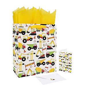 13" Large Construction Vehicle Gift Bags Set with Greeting Card and Tissue Paper (Yellow Car Design) for boys, Construction Kids Birthday Party, Baby boy, Baby Shower, Truck, Newborn -10.2”x5.2”x13”, 1 Pcs