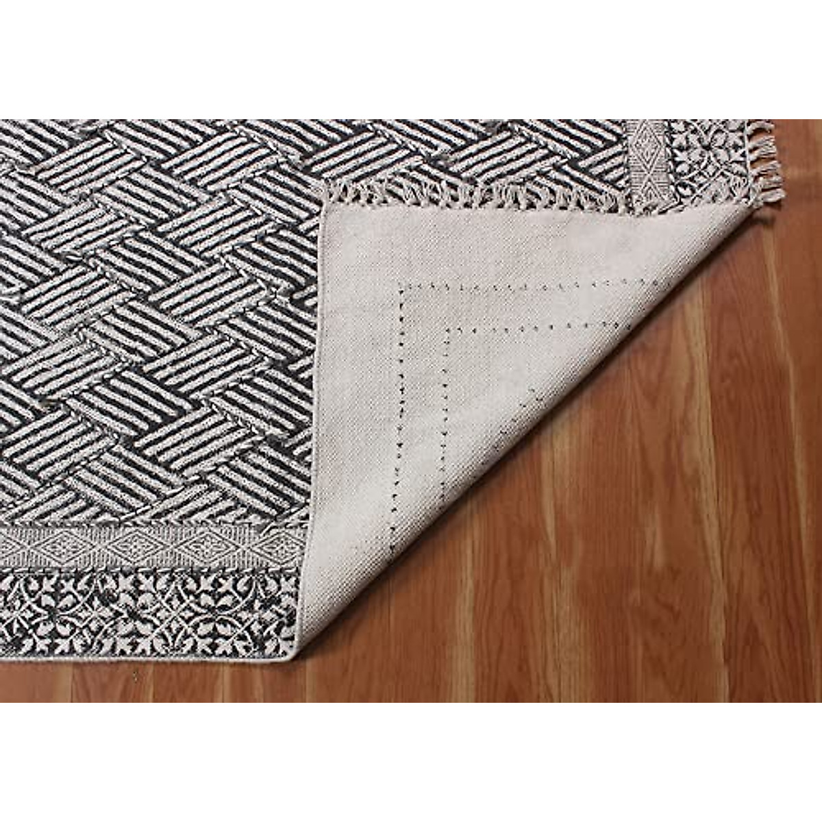 Casavani Handmade Area Rugs Hand Block Printed Cotton Dhurrie Gray, Black Boho Kilim Flat Weave Rug Indoor Bedroom Decor Rugs for Laundry Kitchen Bathroom 4x20 Feet Runner (120x600 cm)