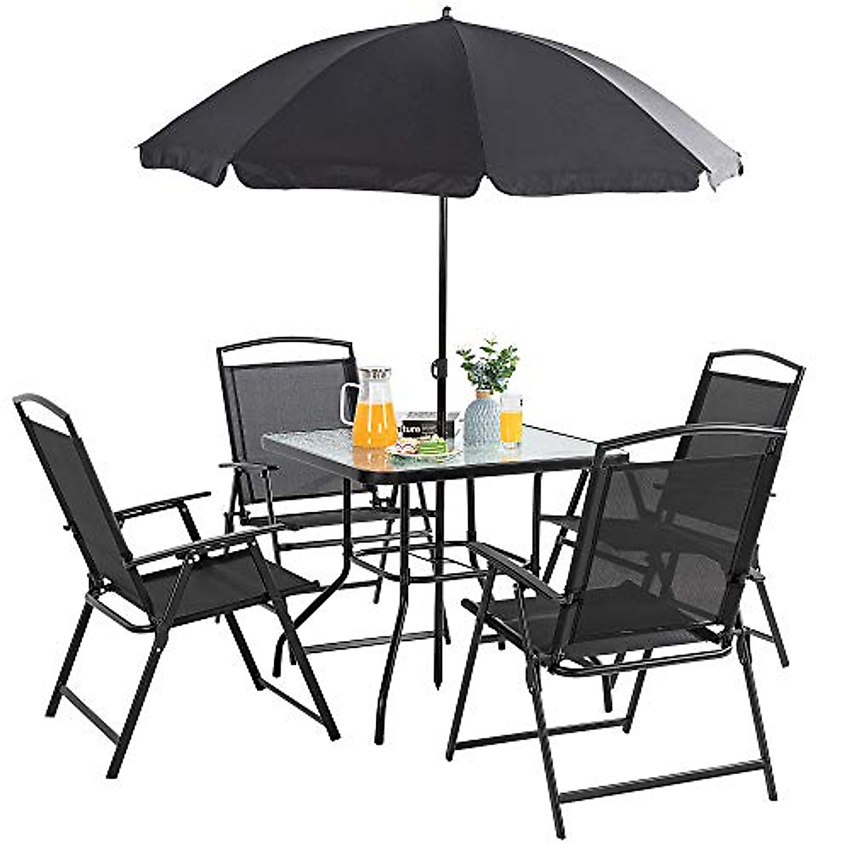 Vongrasig 6 Pieces Folding Patio Dining Set, All Weather Small Metal Outdoor Table and Chair Set, Garden Patio Furniture Set w/Umbrella, Glass Table & 4 Folding Chairs for Lawn, Deck, Backyard, Black