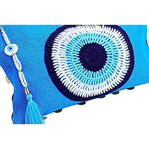 Karens Ege Evil Eye Jute/Burlap Clutch Bag for Women Beach Bag Zipper Closure with Crystals and Tassels (w/o Chain)