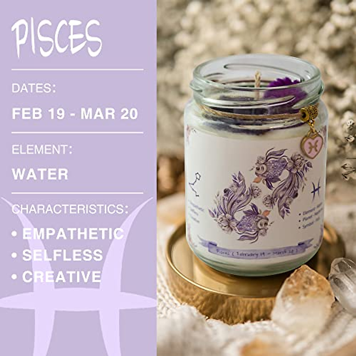 ZINCGE Pisces Zodiac Crystal Candle Gifts for Women, Astrology Spiritual Birthday Gifts Horoscope Natural Soy Bergamot Scented Candle with Dry Flowers and Amethyst Healing Crystals