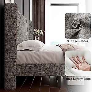 iPormis Queen Size Platform Bed Frame with Headboard, Upholstered Bed Frame with Solid Wood Slats, 8" Storage Space, No Box Spring Needed, Easy Assembly, Light Grey