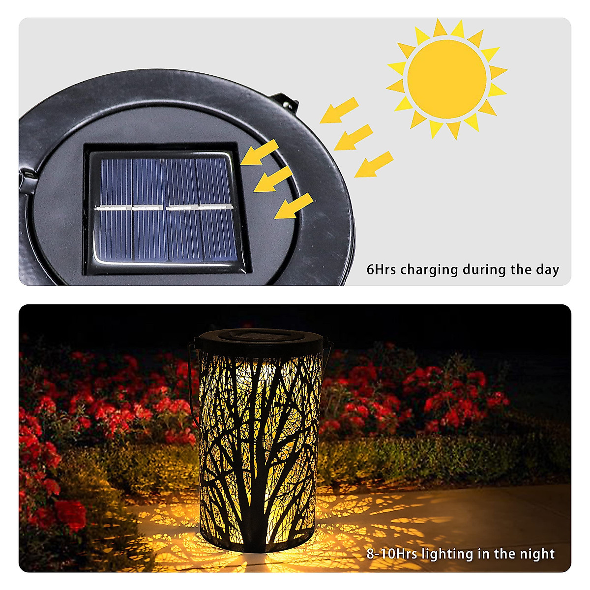 Fovasen Hanging Solar LED Candle Lanterns, Farmhouse Retro Metal Table Lanterns Rounded Decorative Outdoor Lights Waterproof Solar Lamp with Handle for Garden, Patio,Porch,Yard,Fireplace and Tabletop