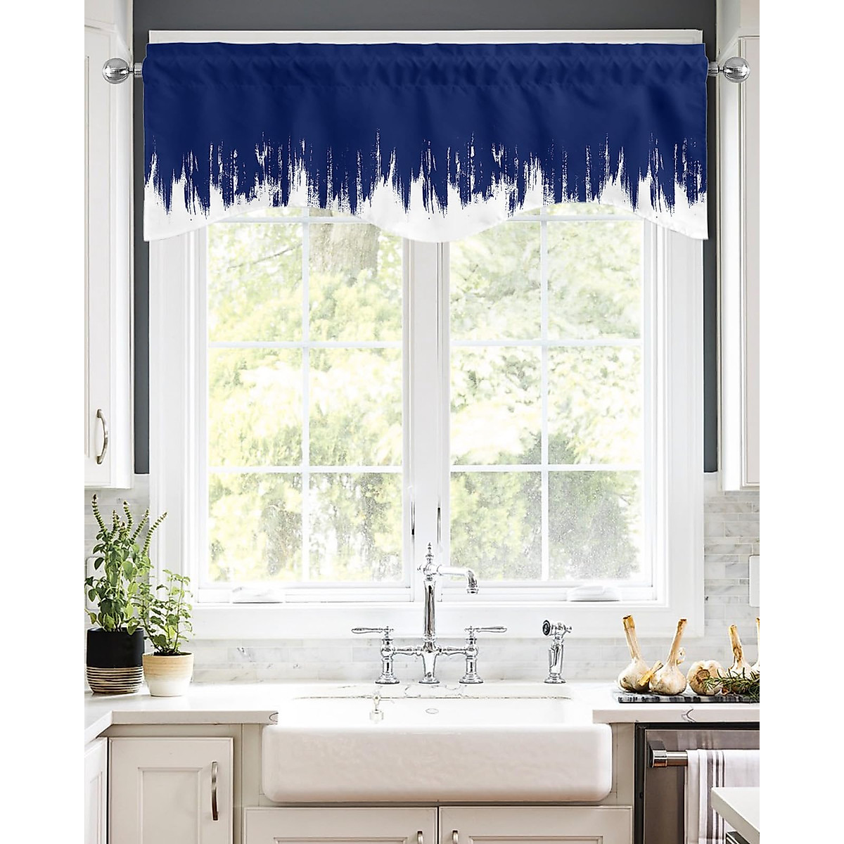 YOKOU Kitchen Valances for Windows Abstract Oil Painting Smear Navy Blue White Light Filtering Short Curtains for Windows Bedroom Privacy Added Rod Pocket Design 60x18inch,2pcs