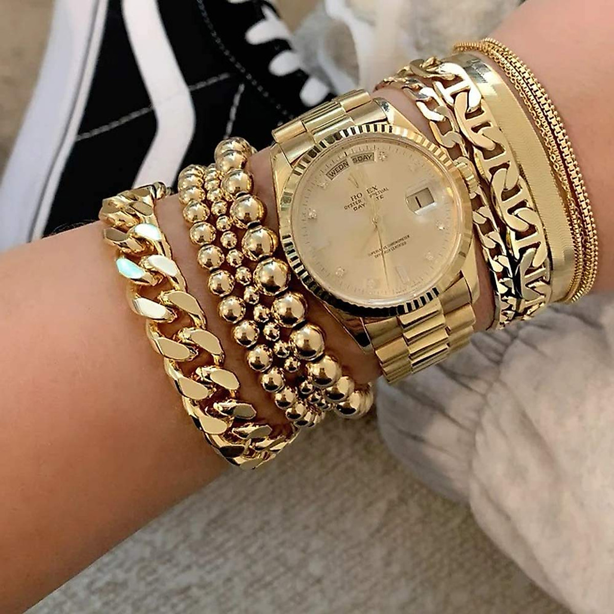 GLBCC Gold Beaded Bracelet Set for Women Stack 14 K real Gold Plated Ball Bracelets Elastic String Bracelet 4 mm 5 mm 6mm Small Beads Friendship Bracelet for Men (gold)