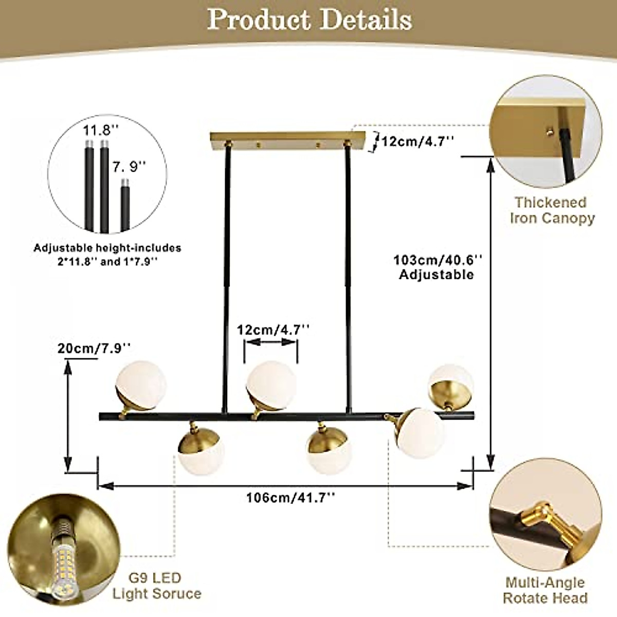 KCO Lighting Mid Century Modern Chandelier Black Gold Globe Pendant Light Fixture 6-Light Industrial Milk Glass Chandelier for Kitchen Island Dining Room