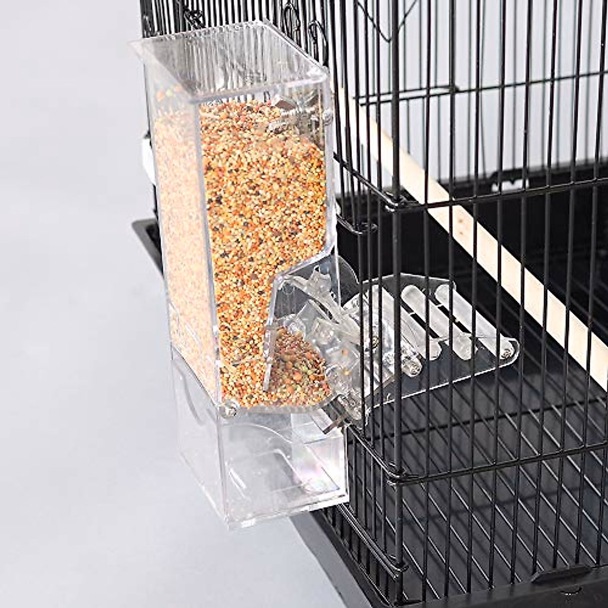 Automatic Bird Seed Feeder with Perch, Free Install Acrylic Transparent Parrot Foraging Feeders Cage Accessories for Small and Medium Parrots Parakeets Cockatiels Lovebirds Sun Conures Caique Finches