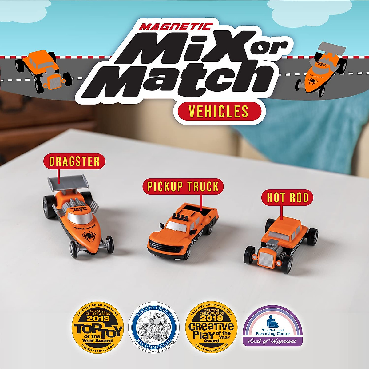 Mix or Match Vehicles, Magnetic Toy Play Set, Race Cars