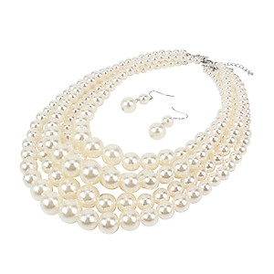 KOSMOS-LI Multi Layer Pearl Strand Necklace Bracelet And Earring Faux Ivory Pearl Jewelry Set