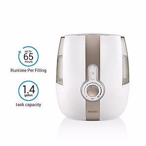 Homedics Ultrasonic Humidifier – Cool Mist Humidifier for Large Rooms with Clean Tank Technology – 1.4 Gallon Portable Air Humidifier for Bedroom or Nursery, 65 Hours of Runtime, White