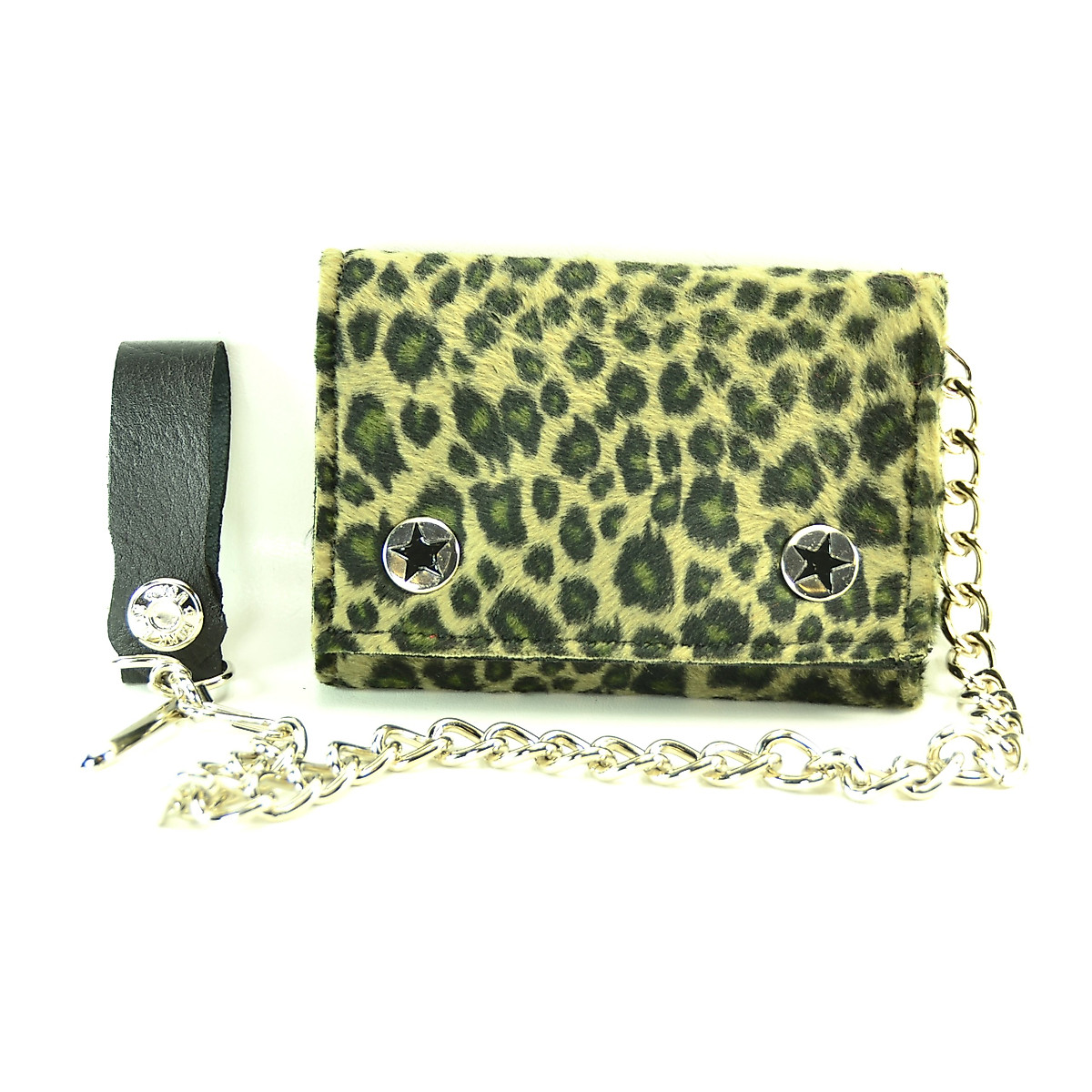 Fuzzy Leopard Tri-fold Bikers Wallet with 16" Chain Green