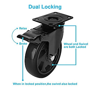 PRITEK 5 inch Caster Wheels Bearing 1800lbs 4 Pack Heavy Duty Rubber Plate Casters All with Safety Brake No Noise Lockable Swivel Casters (Include 16pcs Screws)