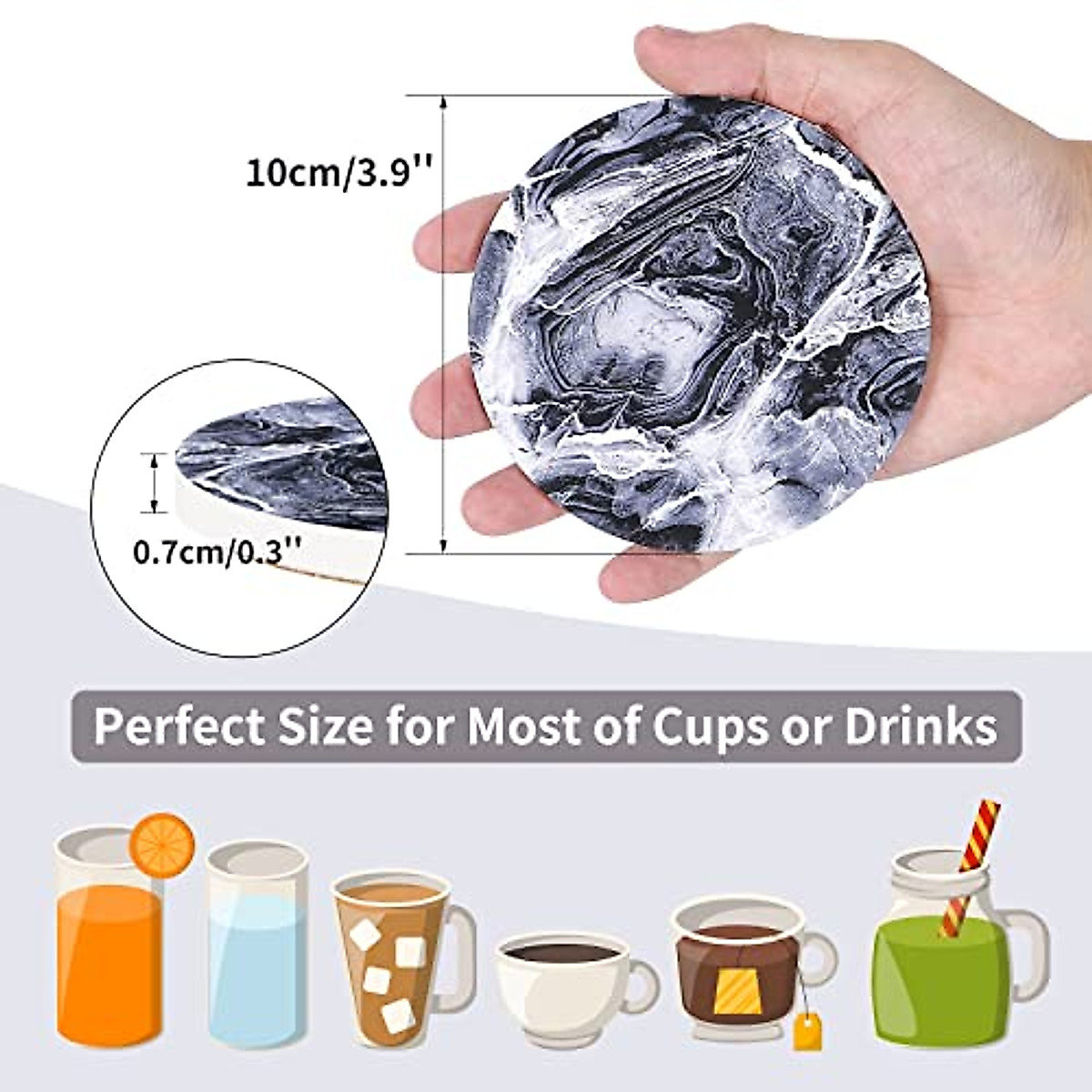 Coasters with Holder, Absorbent Coasters by DSNDVES, Set of 6 Ceramic Coasters, Marble Style Drink Coasters with Cork Base, Bar Coasters, Round Stone Coasters Black Ink Painting