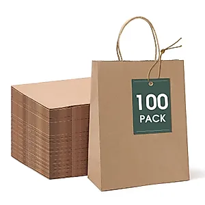 GSSUSA 100 Pack 8x4.25x10'' Paper Bags with Handles Bulk, Brown Paper Gift Bags for Small Business, Sturdy Retail Shopping Bags, Birthday Wedding Party Favor Bags, Craft Bags, Kraft Bags