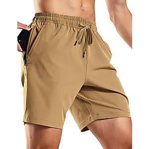 MIER Men's Quick Dry Running Shorts with Zipper Pockets, 7" Athletic Workout Gym Exercise Fitness Shorts Without Liner/Brief, Khaki, XL