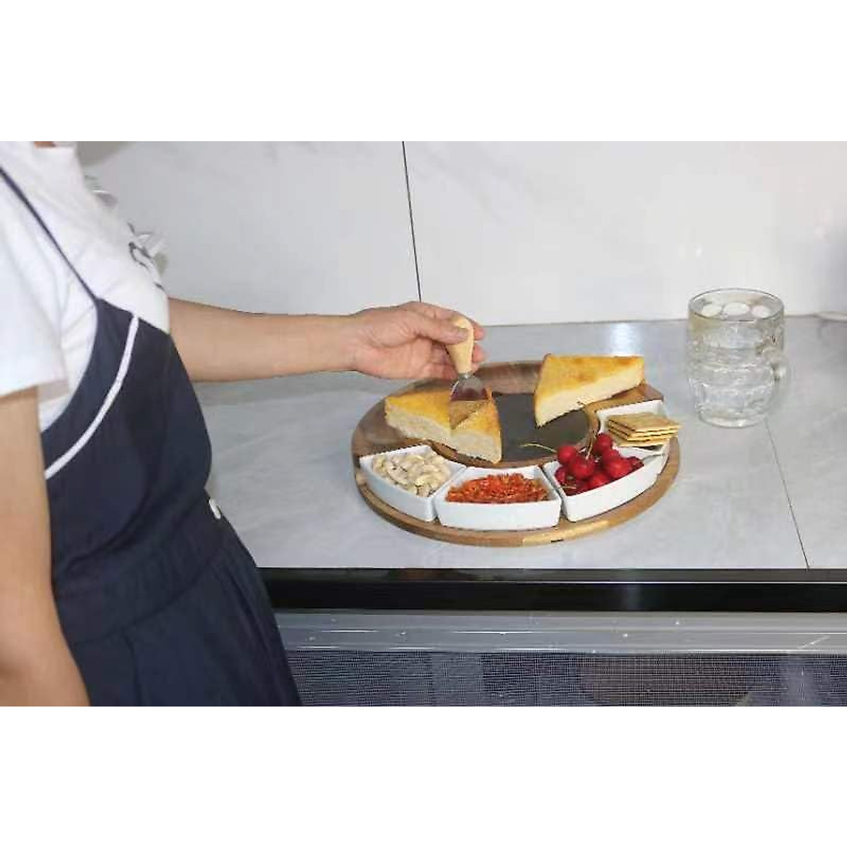 Acacia Wood Cheese Cutting Board Set - Charcuterie Board Set and Cheese Serving Platter with Utensil Set and Ceramic Bowls Slate Cheese Boards Perfect Meat/Cheese Board and Knife Set for Entertain