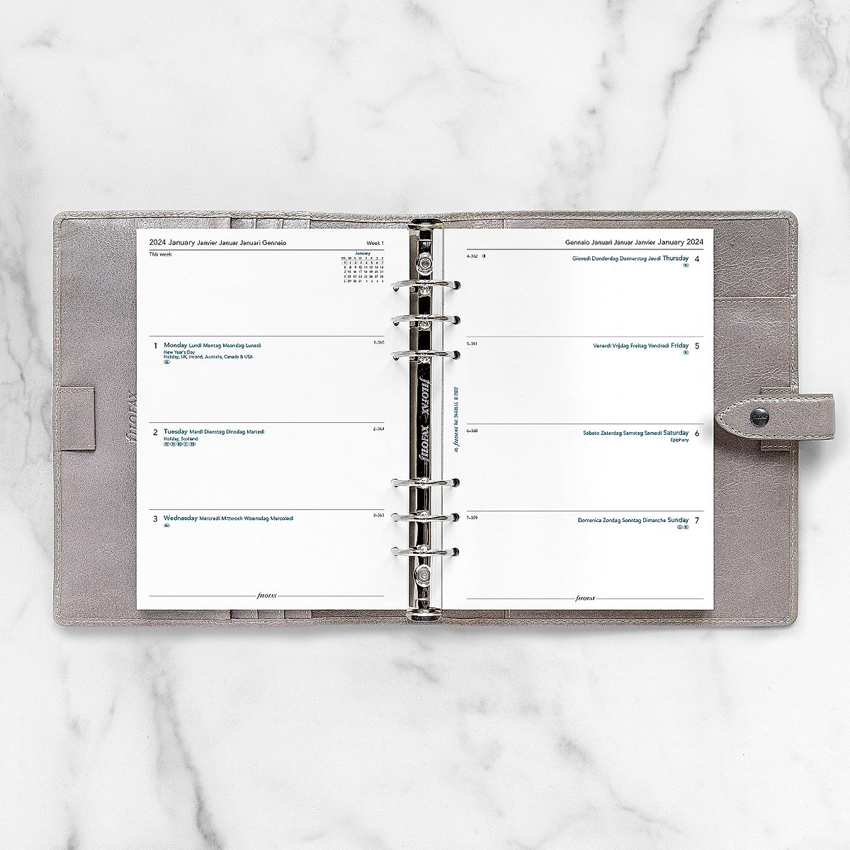 Filofax Calendar Diary Refill, A5 Size, Week-to-View with Notes Section, White Paper, Unruled, Multilingual: Five Languages, 2024 (C68516-24)