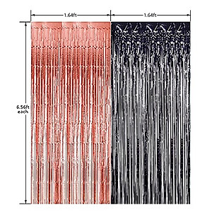 Rose Gold and Black Birthday Decorations, Black Rose Gold Party Supplies Foil Fringe Curtains Photo Backdrop for Graduation Wedding Bachelorette Birthday Party Decorations (3 Pack)