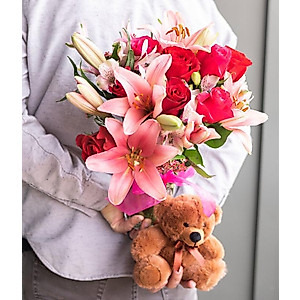 DELIVERY BY FRIDAY, 8/2 GUARANTEED IF ORDER PLACED BY 8/1 BEFORE 2PM EST From You Flowers - Rose and Lily Bouquet with Glass Vase (Fresh Flowers) Birthday, Anniversary, Get Well, Sympathy,