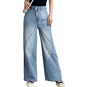 Astylish Boyfriend Jeans for Women High Waisted Baggy Boyfriend Wide Leg Flare Denim Cargo Pants Sky Blue Size 6